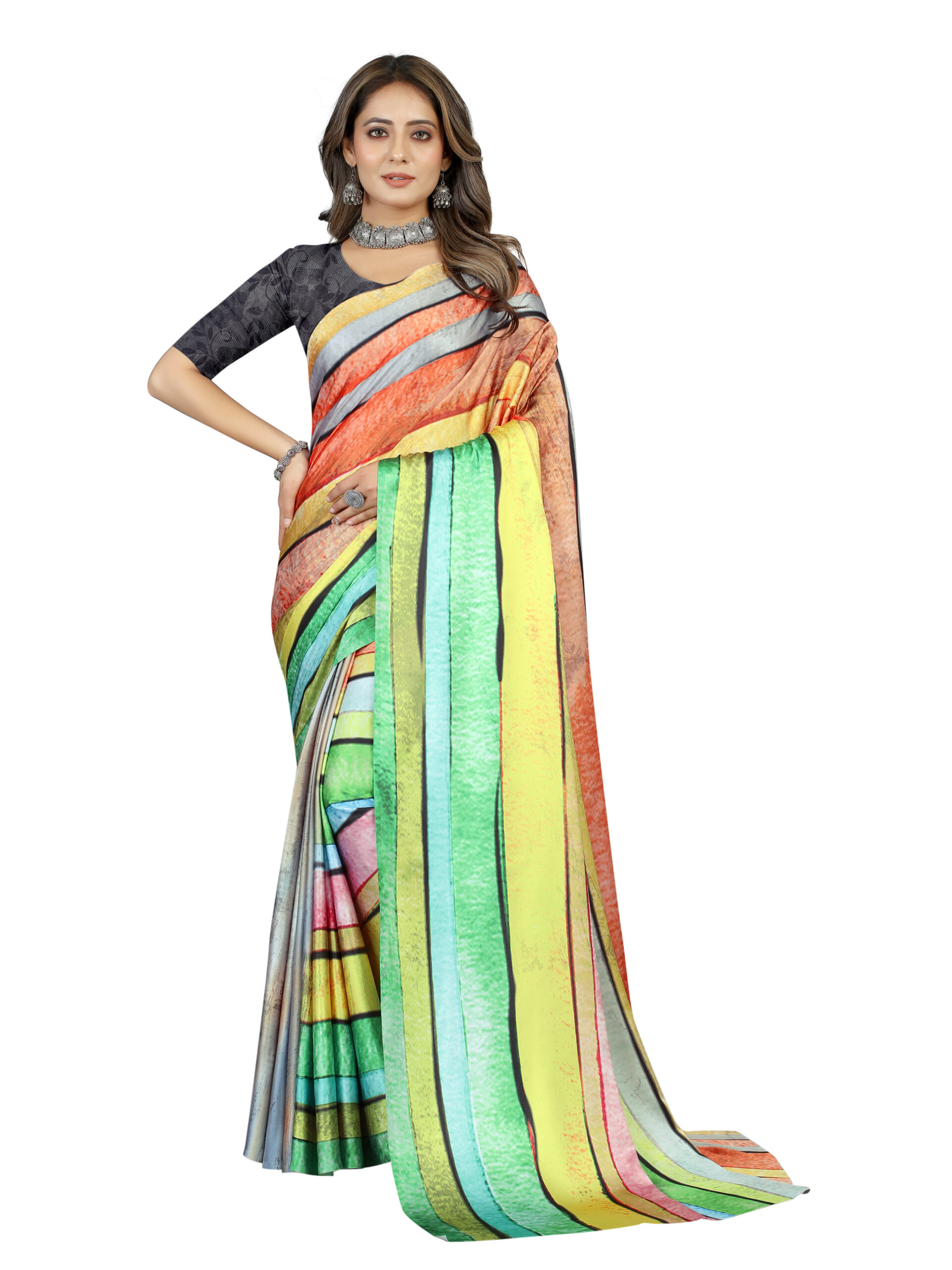 RAINBOW STRIPES JAPANESE CRAPE SAREE - Suvastraa.com