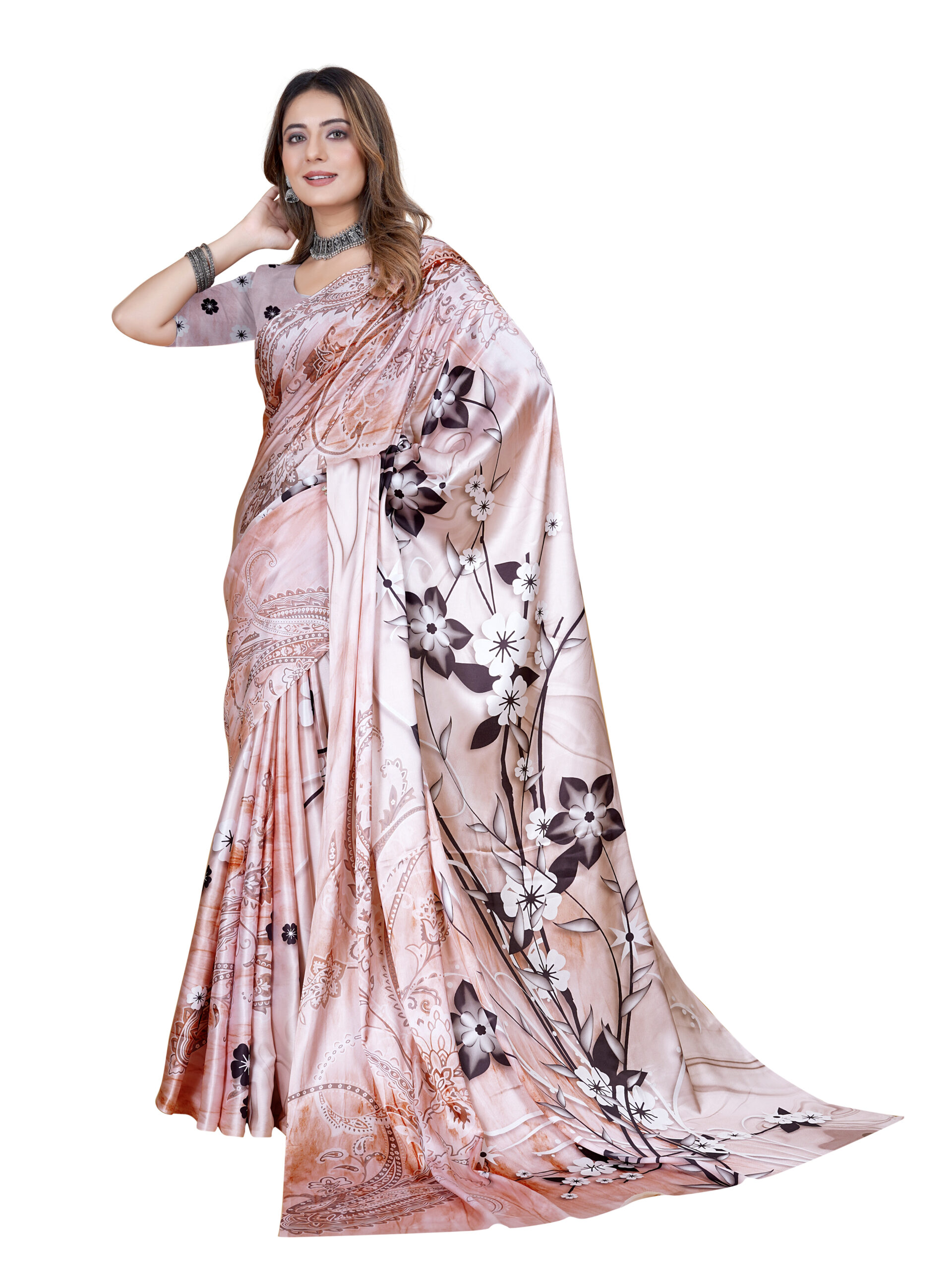 SOFT PEACH FLORAL JAPANESE CRAPE SAREE - Suvastraa.com