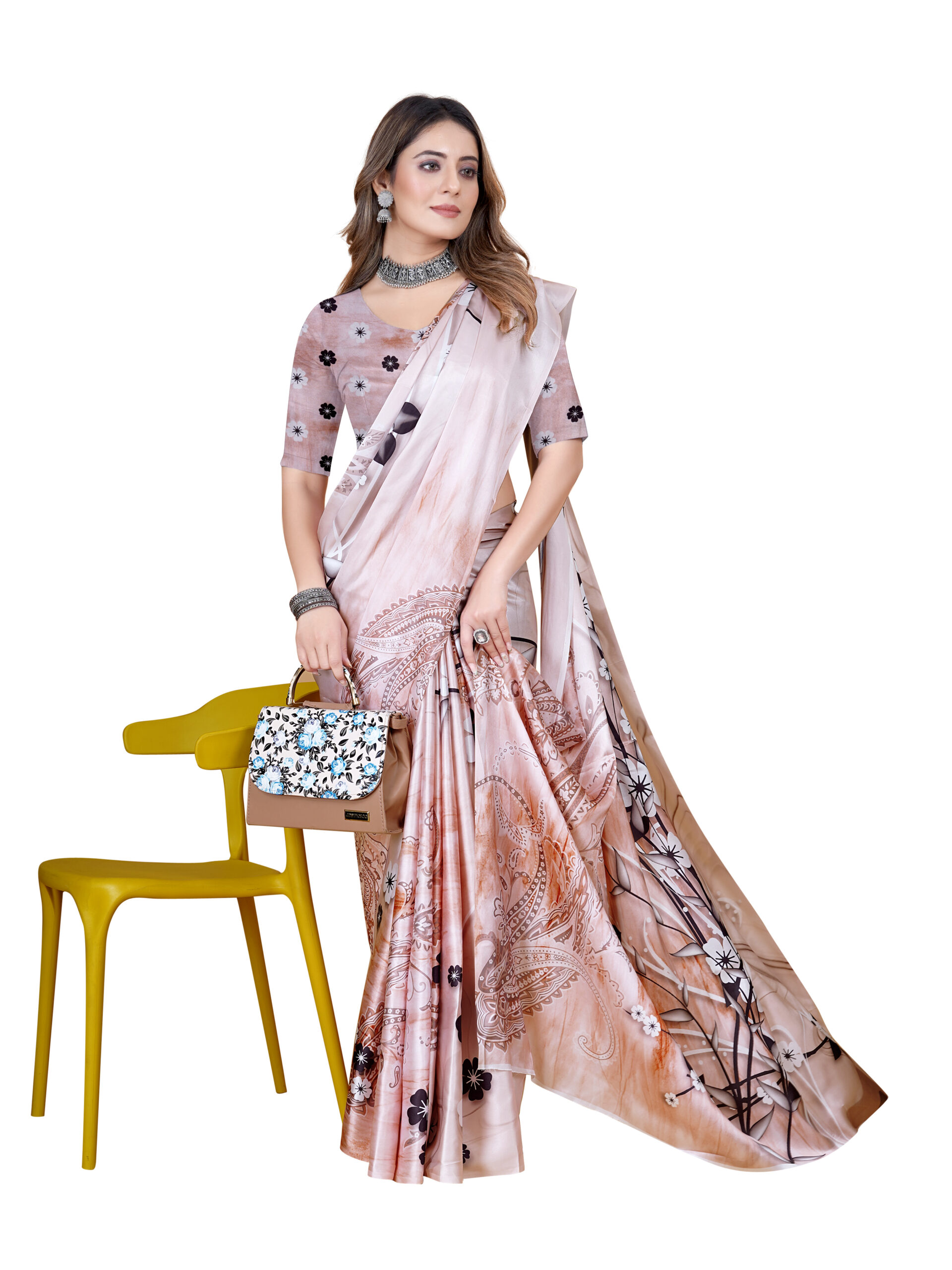 SOFT PEACH FLORAL JAPANESE CRAPE SAREE - Suvastraa.com